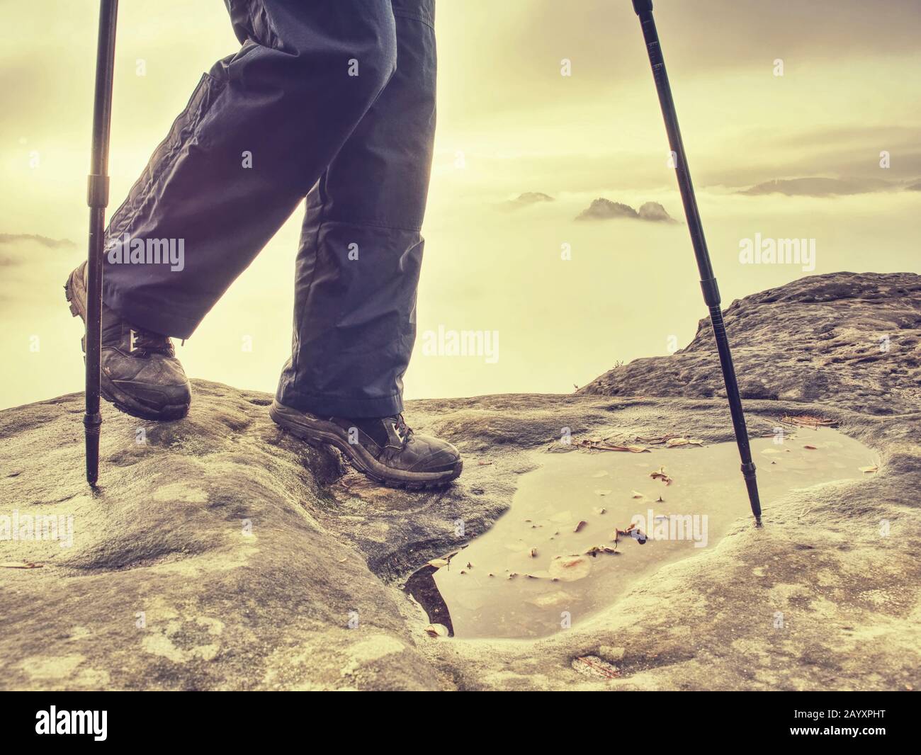 Adventure woman hike, hiking shoes in action on a slippery mountain ...