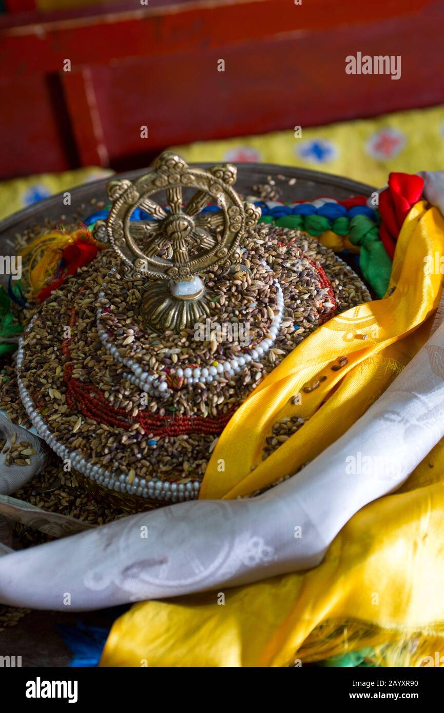 Offerings inside temple at Gandan Monastery, Ulaanbaatar, Mongolia ...