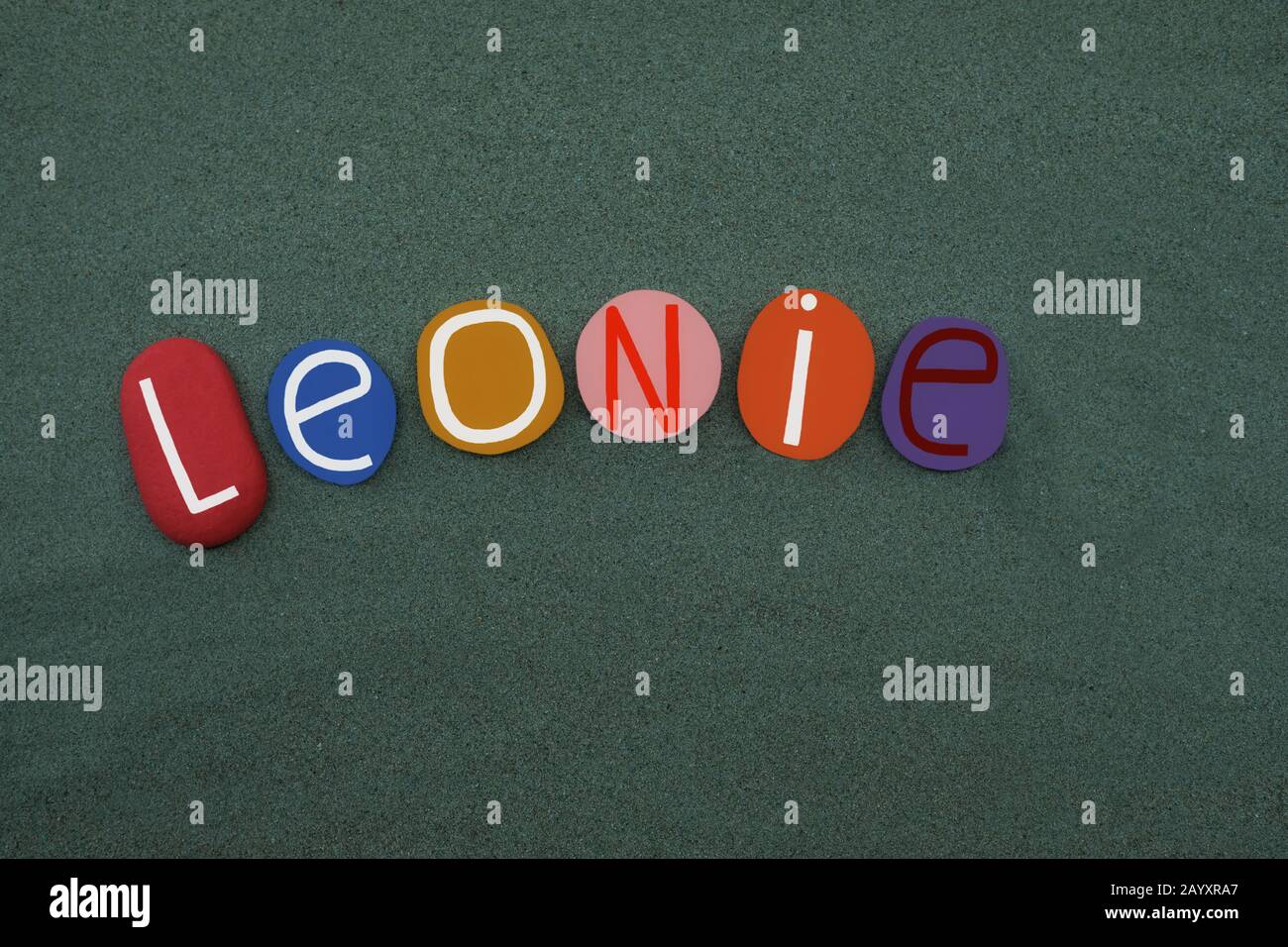 Leonie, female given name composed with colored stone letters over ...