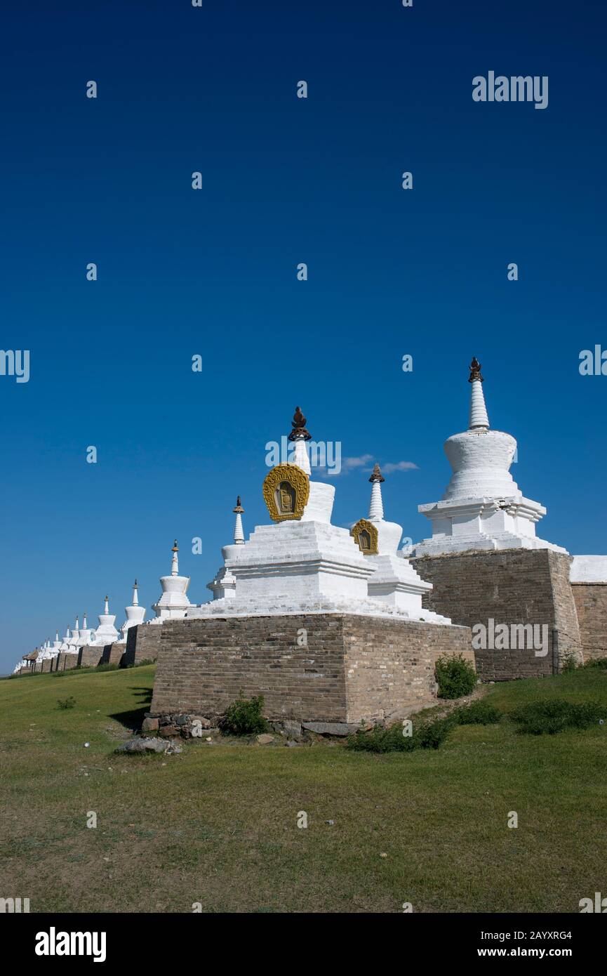 View of wall (corner) with stupas surrounding the Erdene Zuu monastery ...