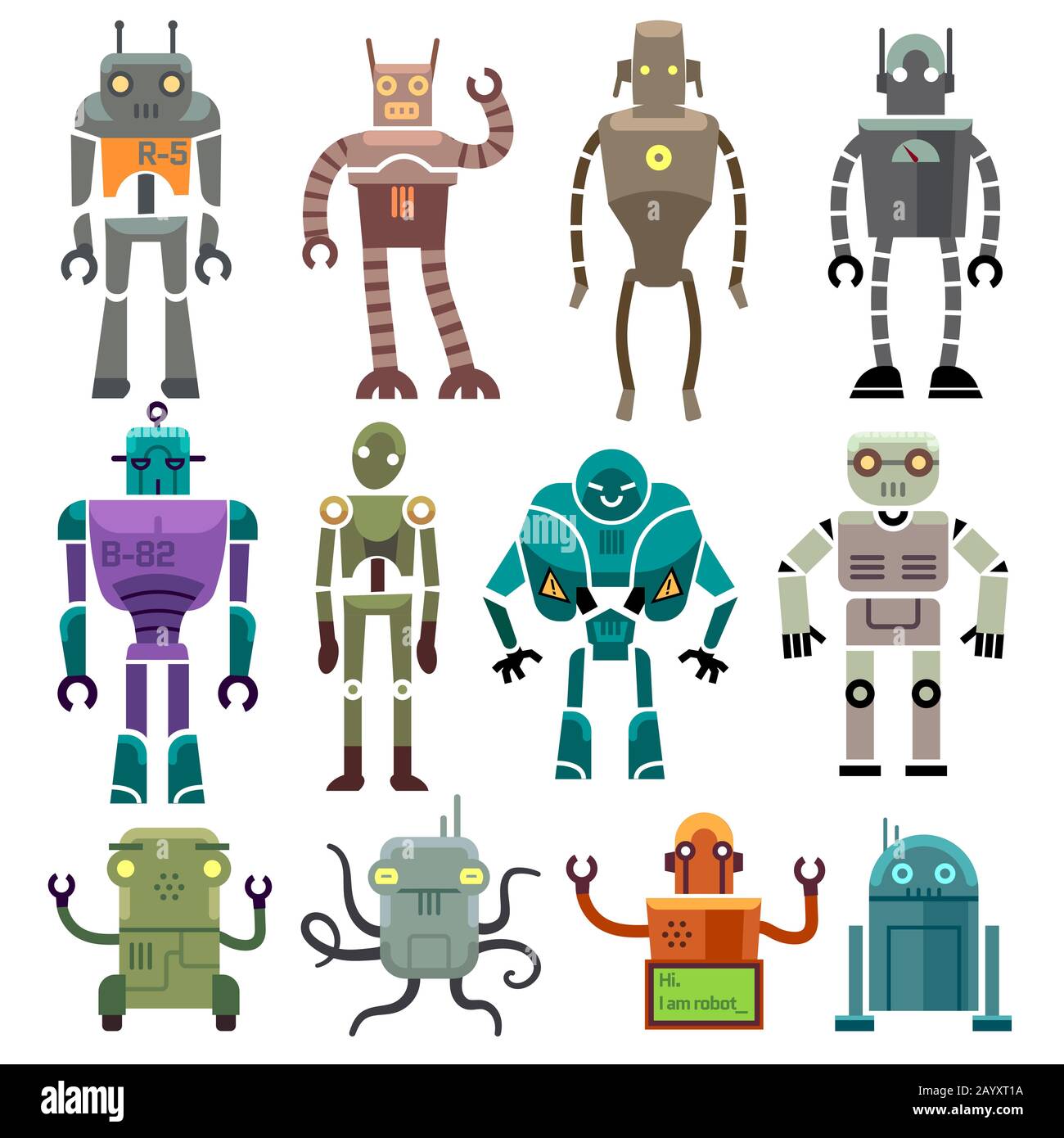 Cute vintage vector robot icons and characters. Toy set robot and ...