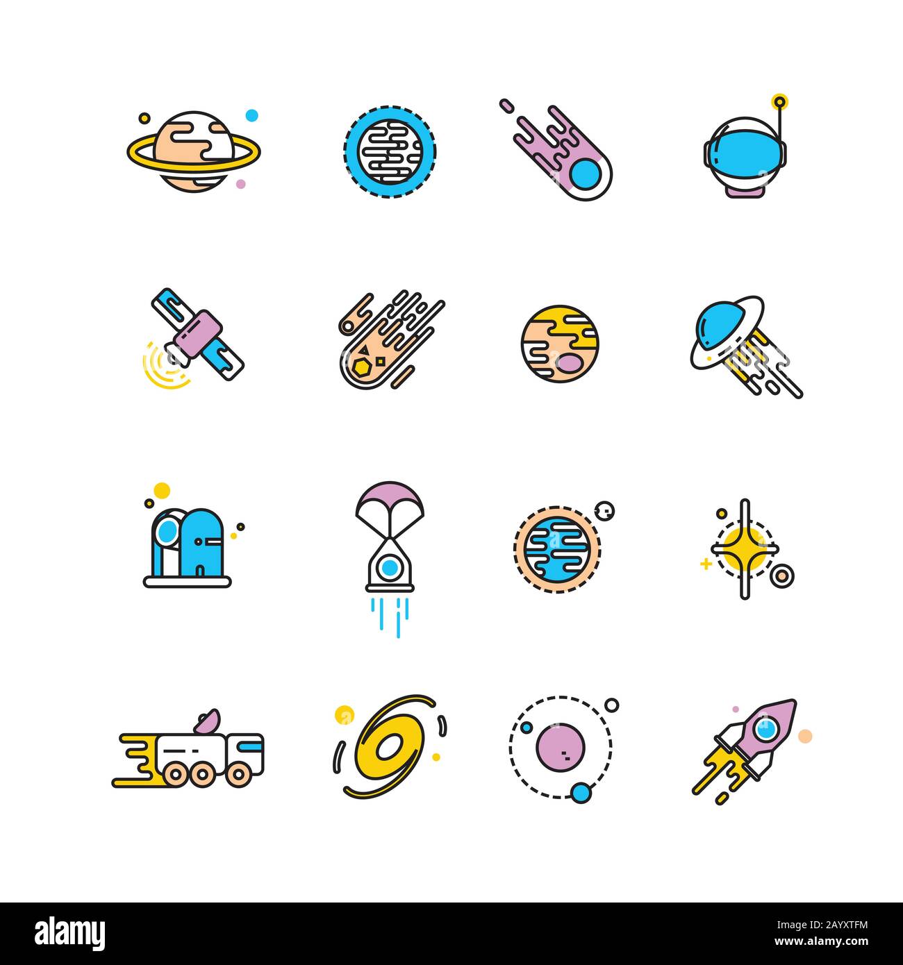 Cosmos exploration flat icons with planets and rockets. Exploration ...
