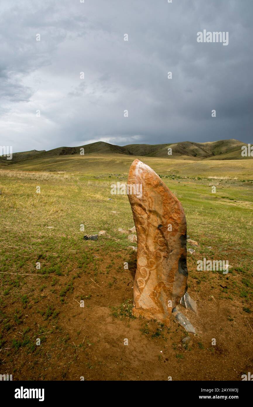 Deer Stone with petroglyphs in Hustai National Park, Mongolia Stock ...