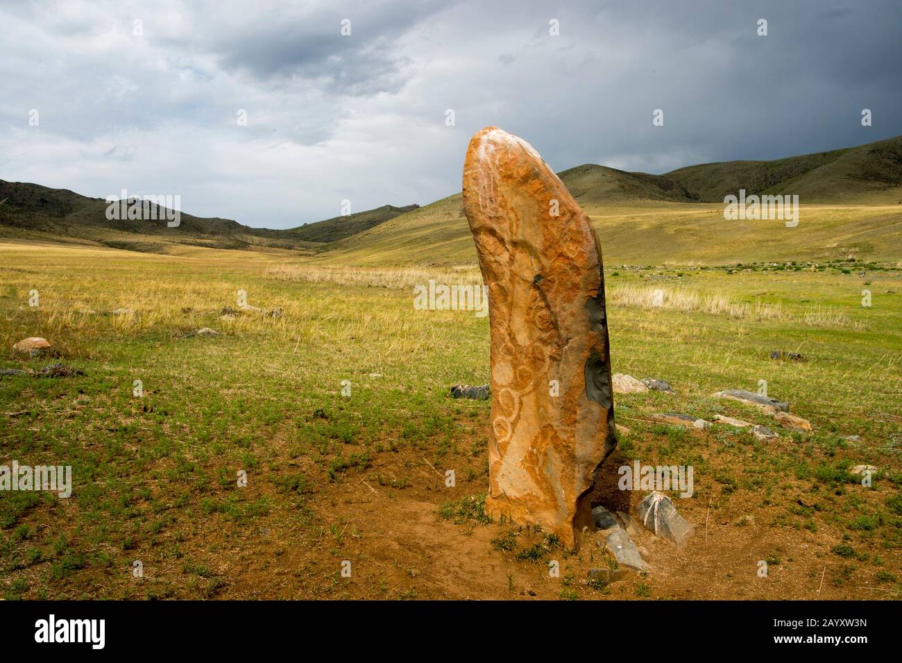 Deer Stone with petroglyphs in Hustai National Park, Mongolia Stock ...