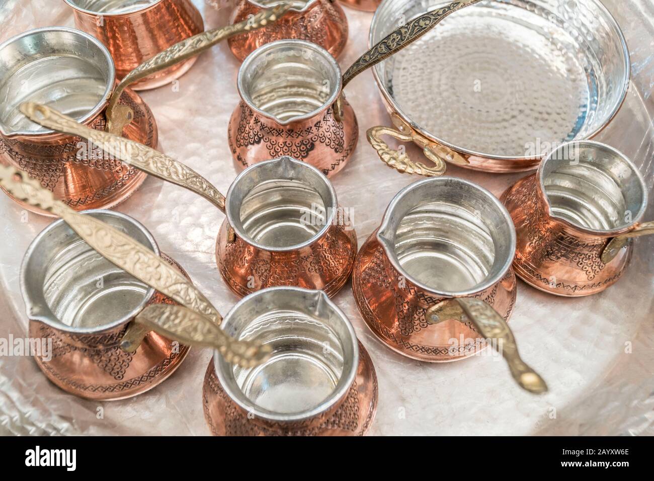closeup of new cooper Turkish pots in a Bazaar in Turkey Stock Photo ...