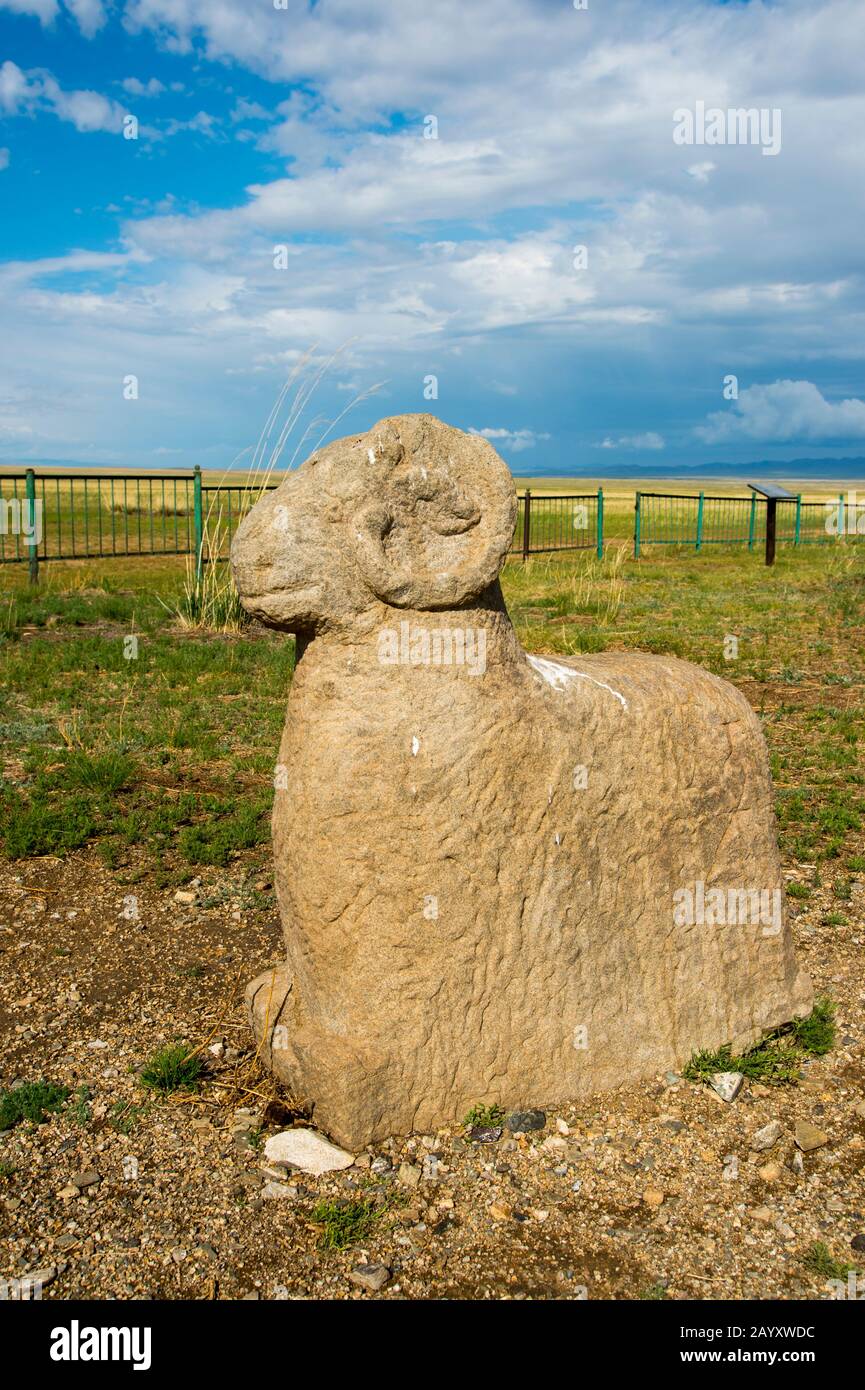 Ongot grave (Neolithic grave) in Tuul River valley with carved grave ...