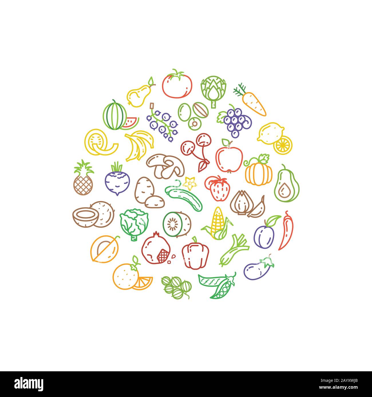 Fruit and vegetable vector logo with line icons. Fruit food and icon ...