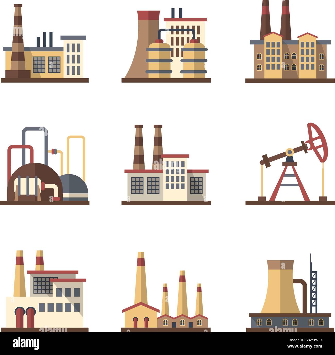Factory industrial building and manufacturing plants vector flat icons ...