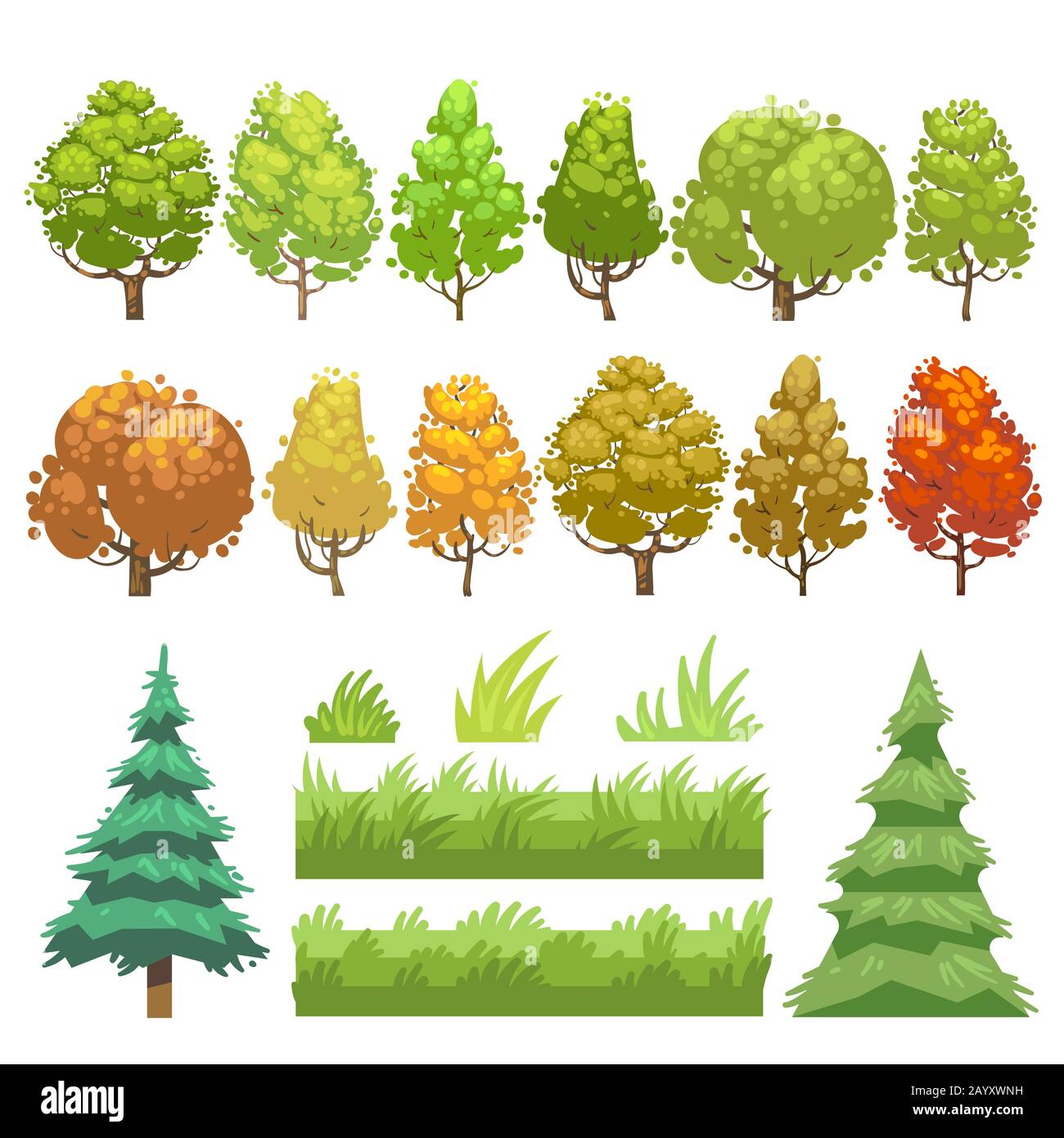 Trees and grass flat vector icons set. Green plant tree and nature ...