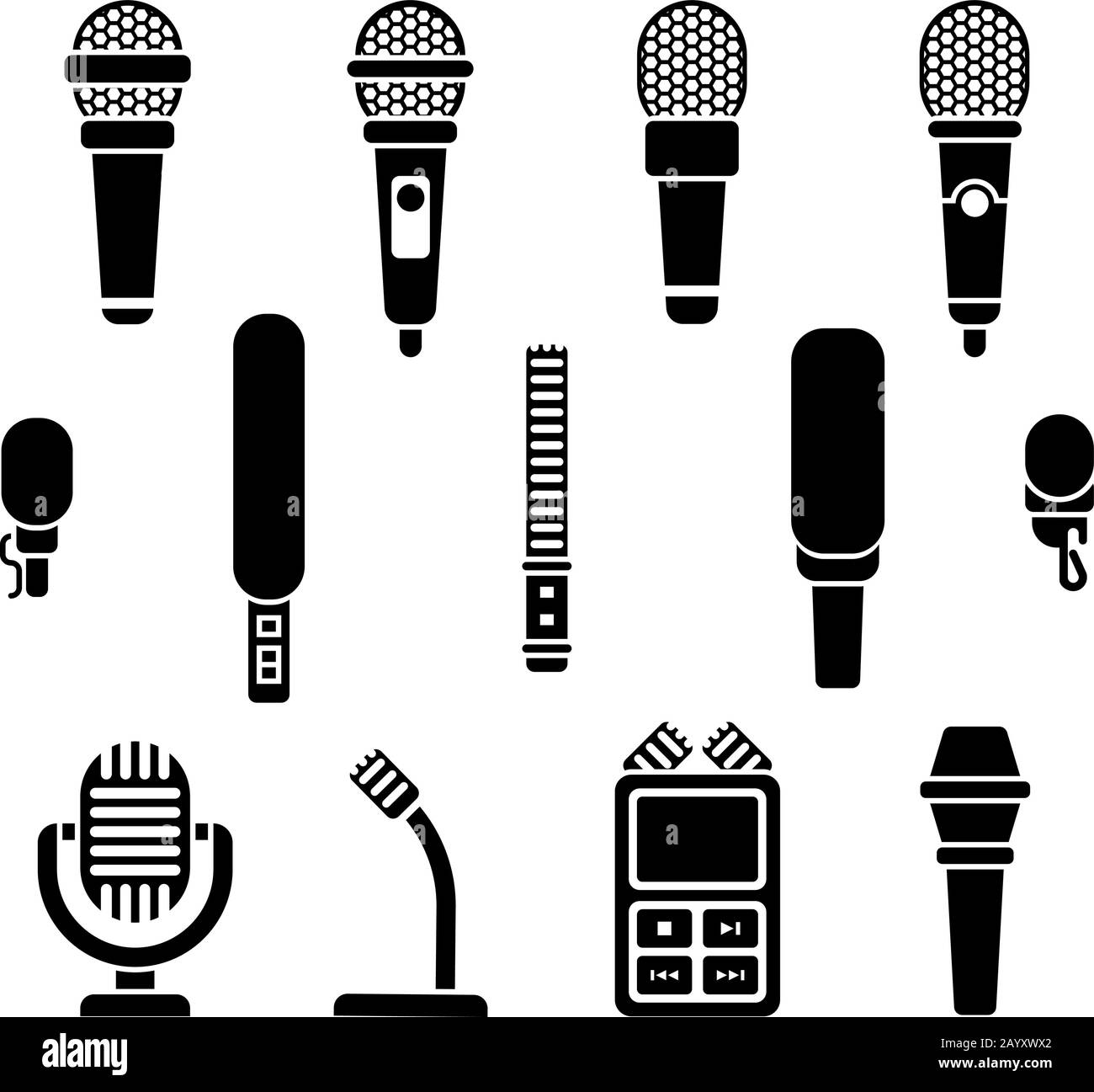Microphone types black icons vector set. Microphone media sound and ...