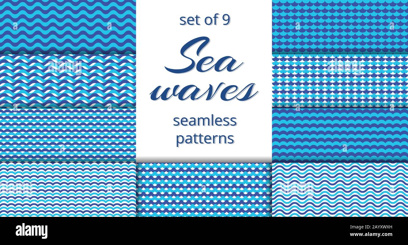 Blue sea waves patterns collection. Set of colored background ocean ...