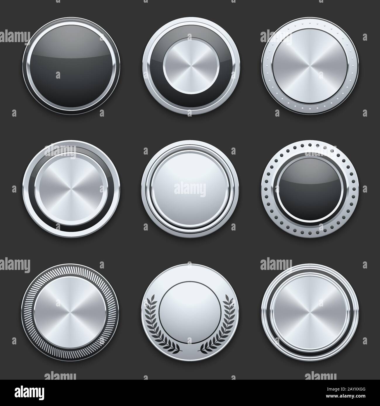 Silver metal chrome vector buttons. Set of switches glossy round ...