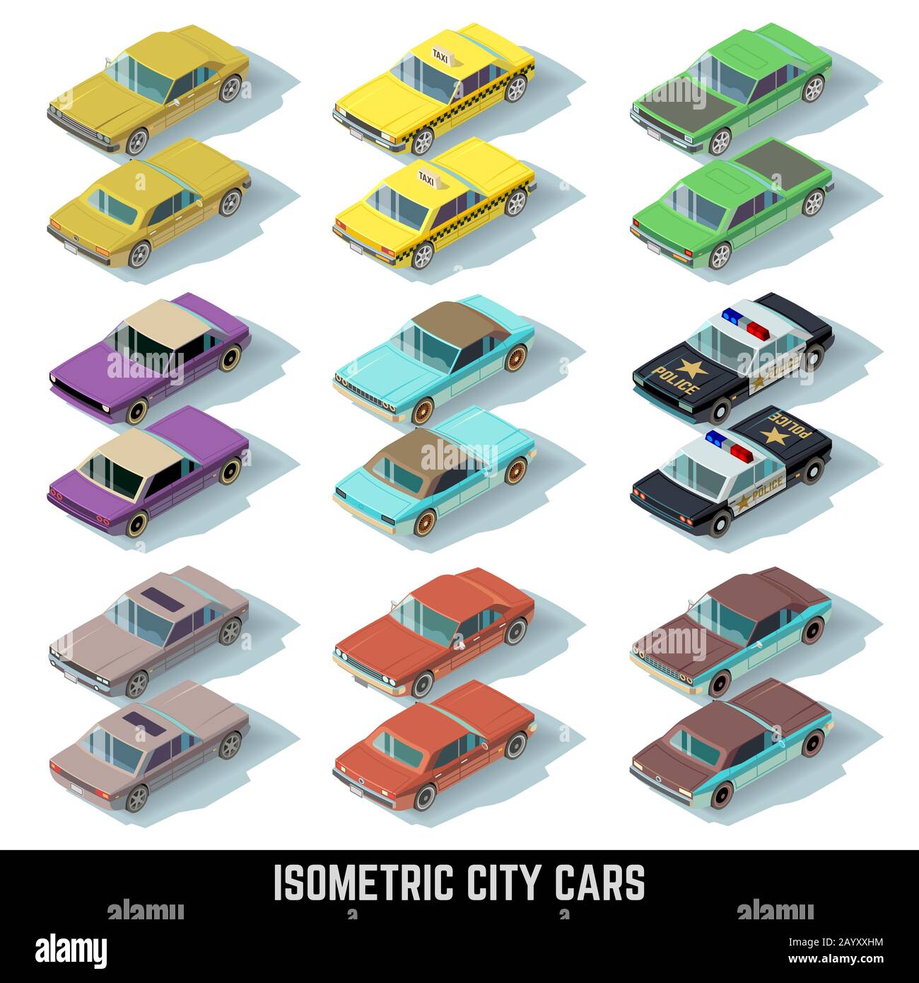 Isometric city cars vector icons in front and rear views. Isometric ...