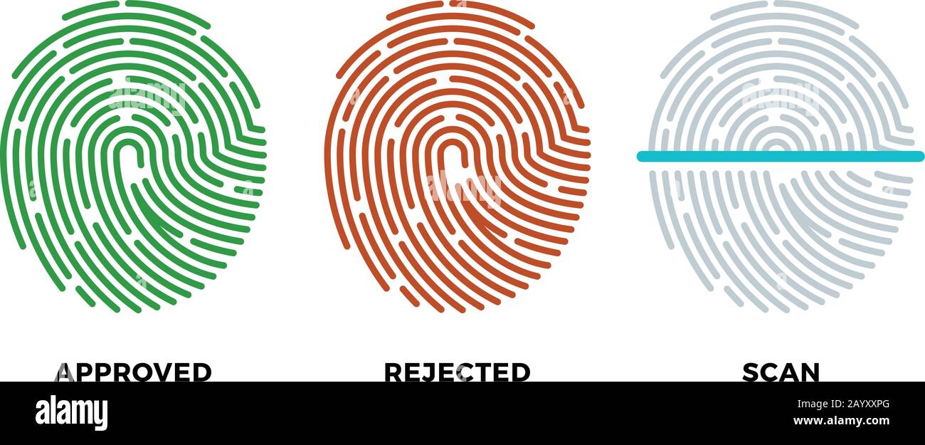 Fingerprint thumbprint vector icons set. Approved, rejected and scan ...