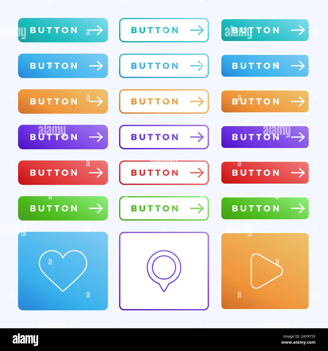 Colorful vector button set on white background. Three style Flat line ...