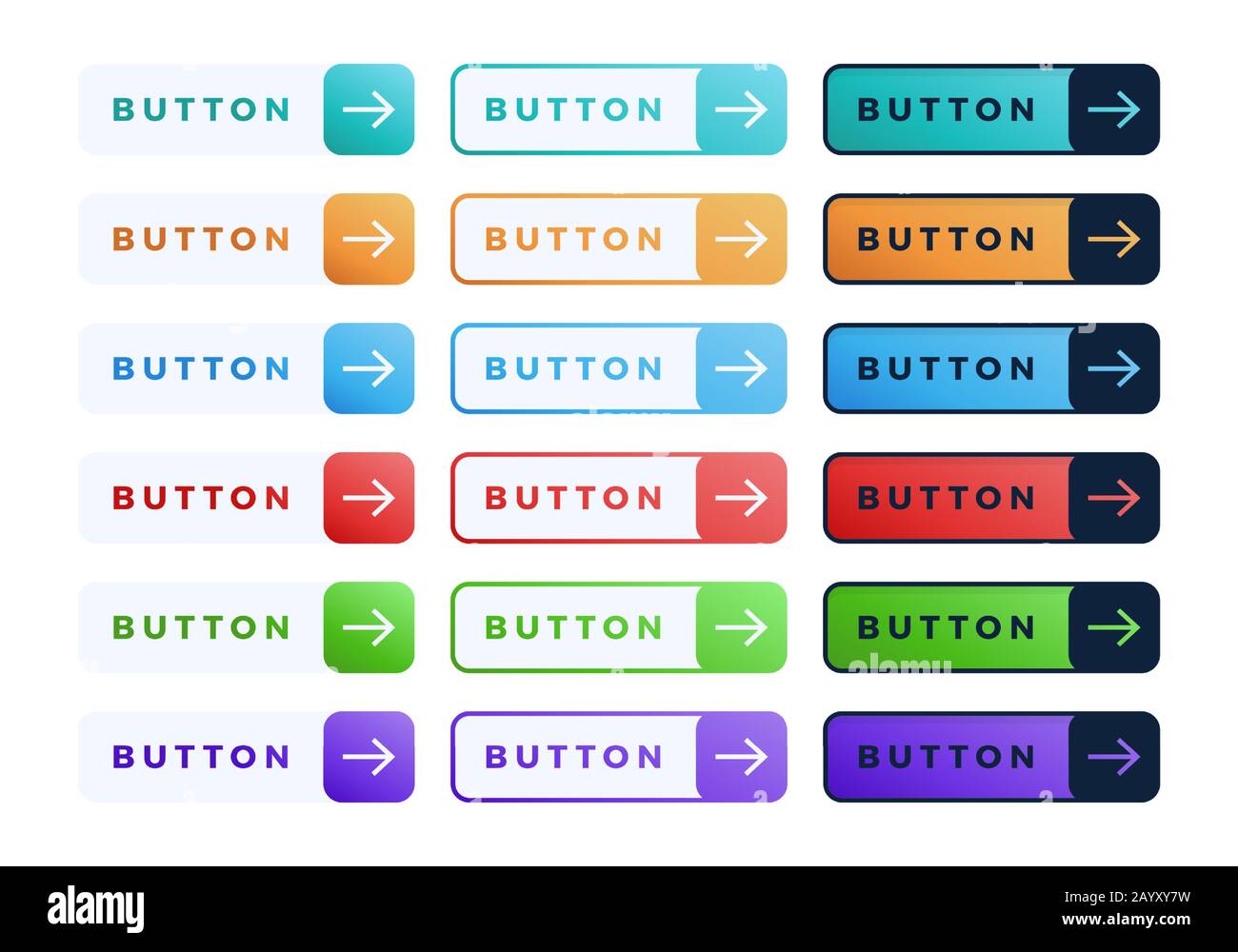 Colorful vector button set on white background. Three style Flat line ...