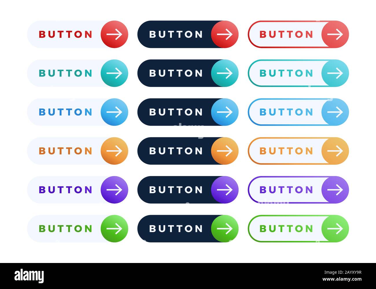 Colorful vector button set on white background. Three style Flat line ...