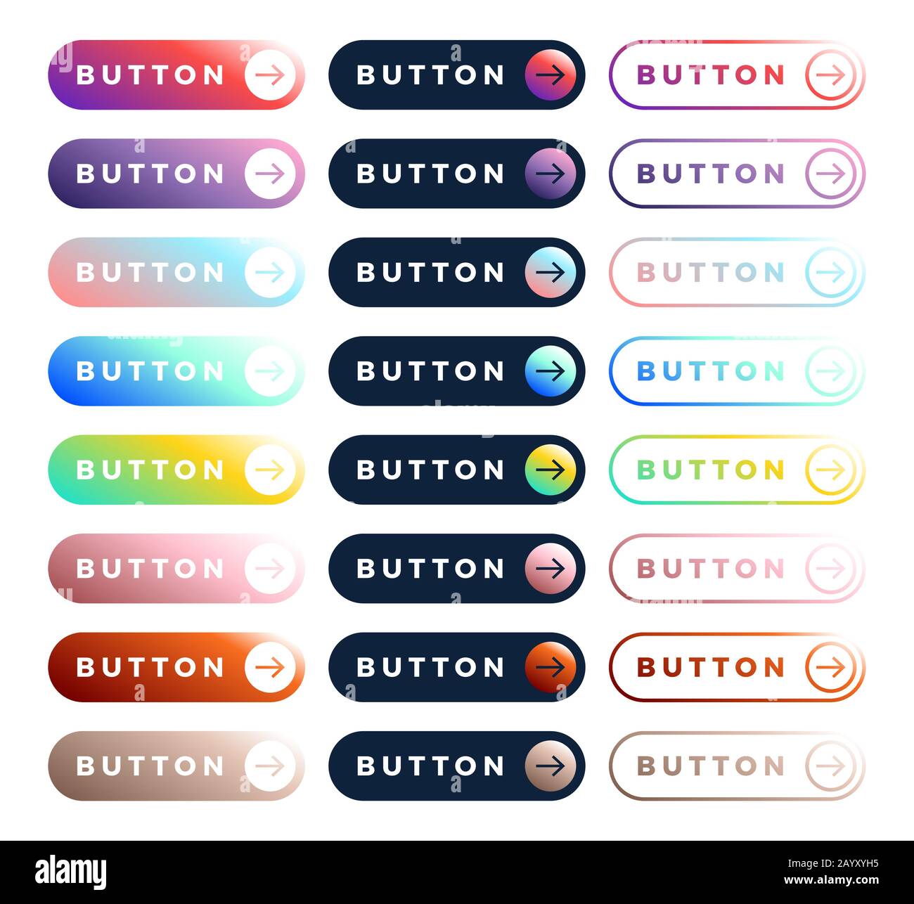 Colorful vector button set on white background. Three style Flat line ...