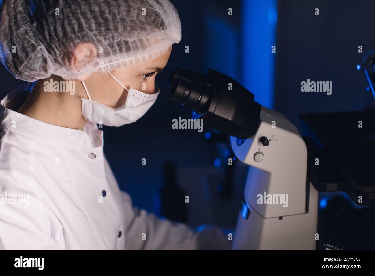 In a Modern Laboratory Scientist Conduct Experiments. Chief Research Scientist Adjusts Specimen ...