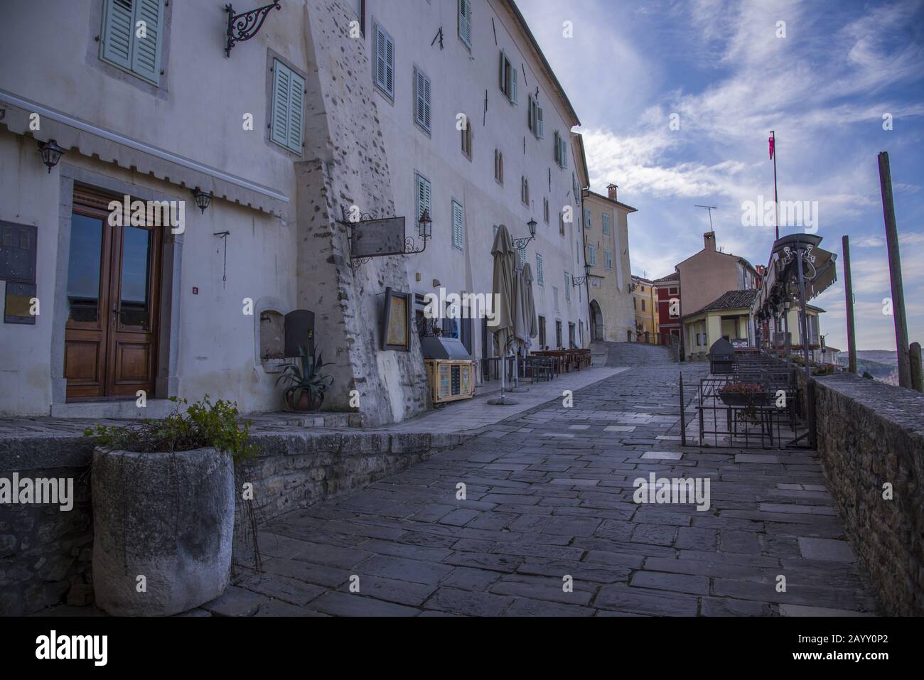Historic old buildings in the central Istrian medieval hill town of ...
