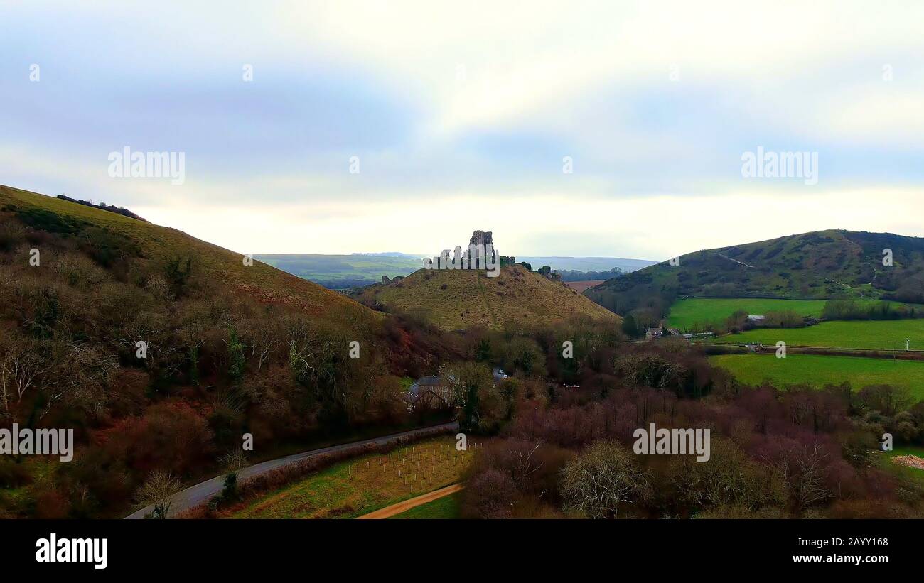 Corfe Castle in England - aerial view Stock Photo - Alamy
