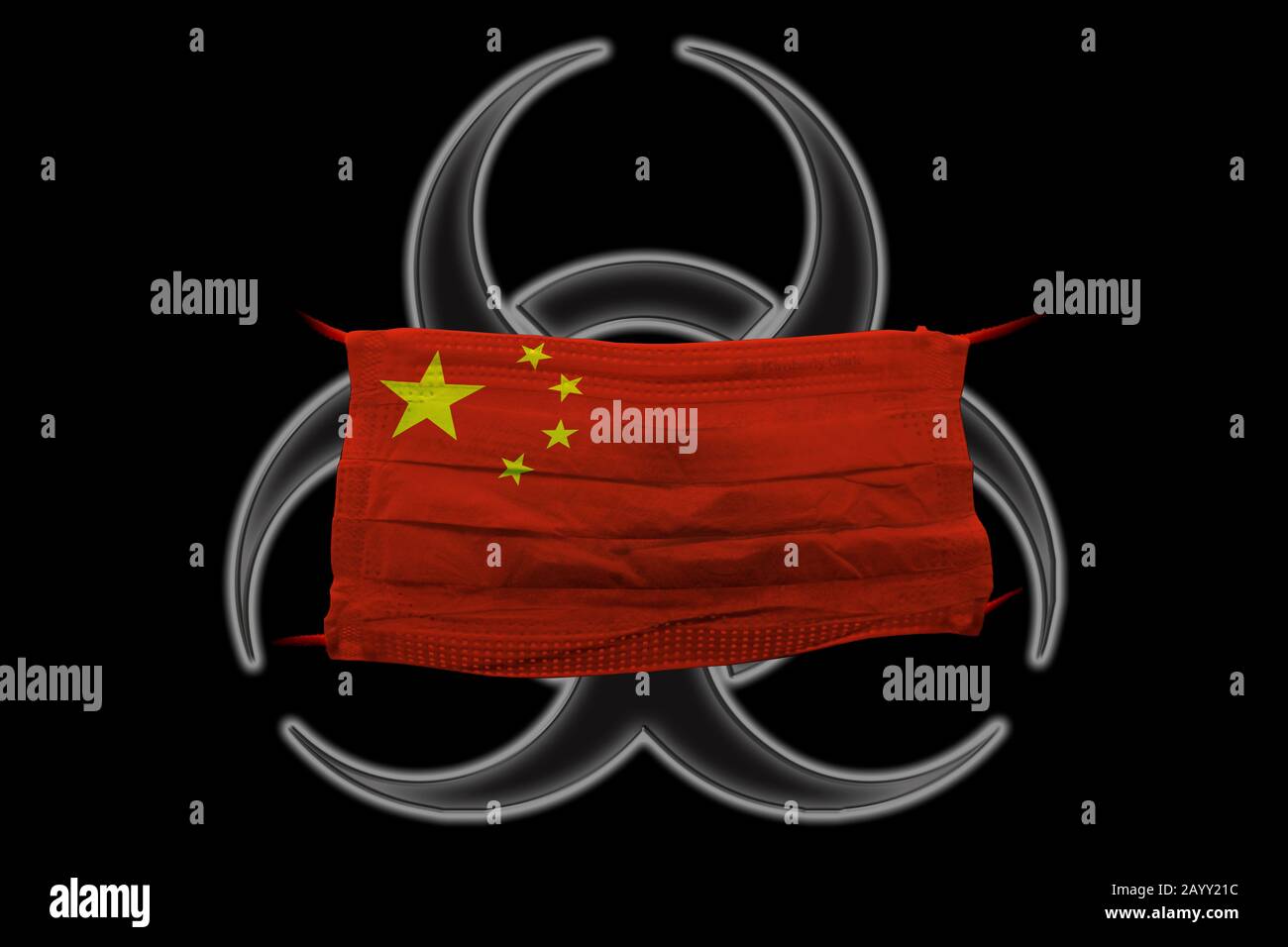 Isolated flag of China health mask in black background with biohazard ...