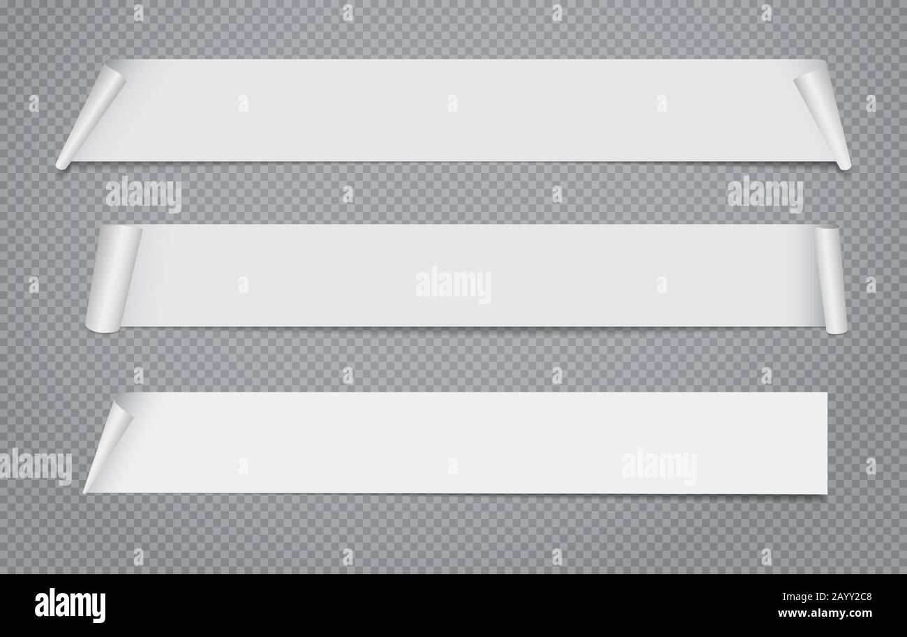 Pieces of horizontal white paper stickers with curled corners and soft ...