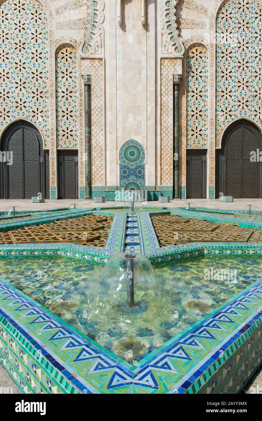 A fountain at the Hassan II Mosque or Grande Mosquee Hassan II in ...