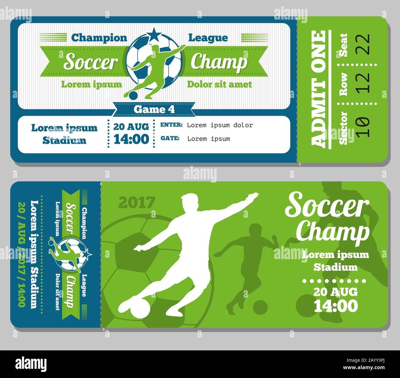 Football, soccer vector ticket template. Footbal ticket and soccer sport, ticket for game with ...