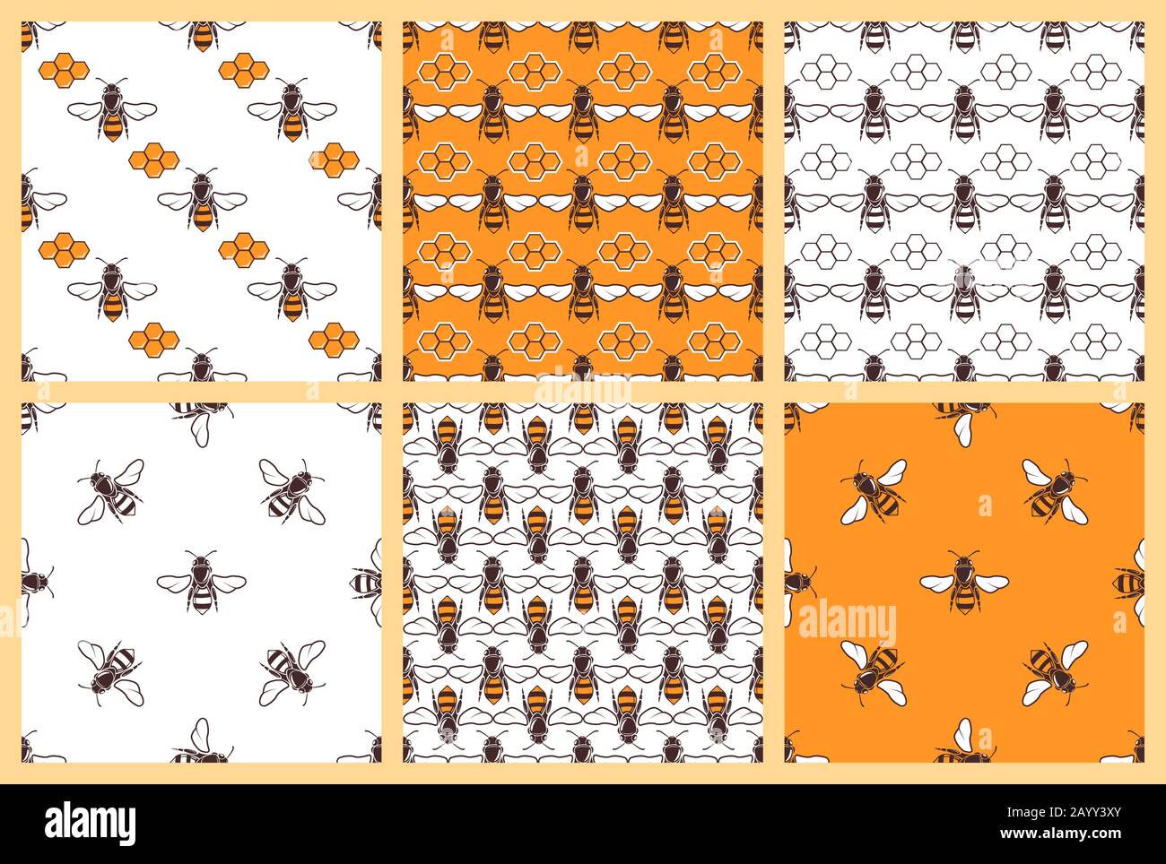 Honey and bees vector seamless patterns. Set of background with bee ...