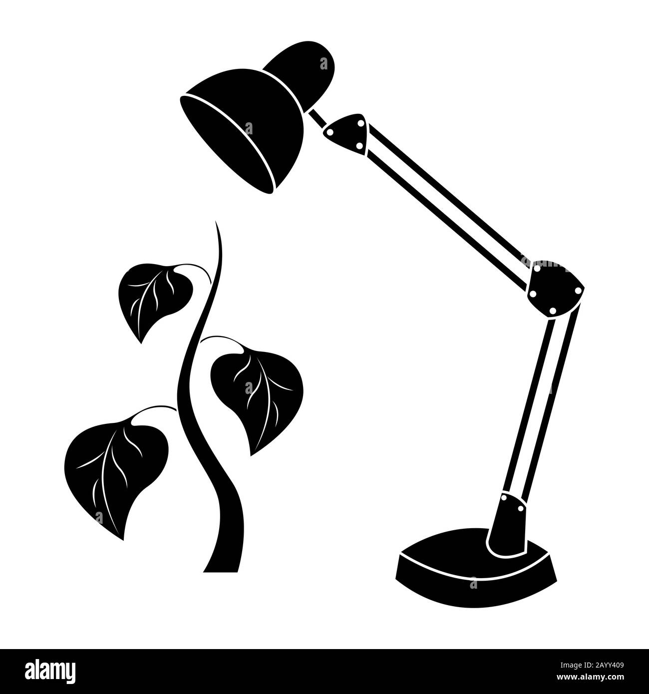Black stencil of table lamp warms and illuminates a plant, ecological ...