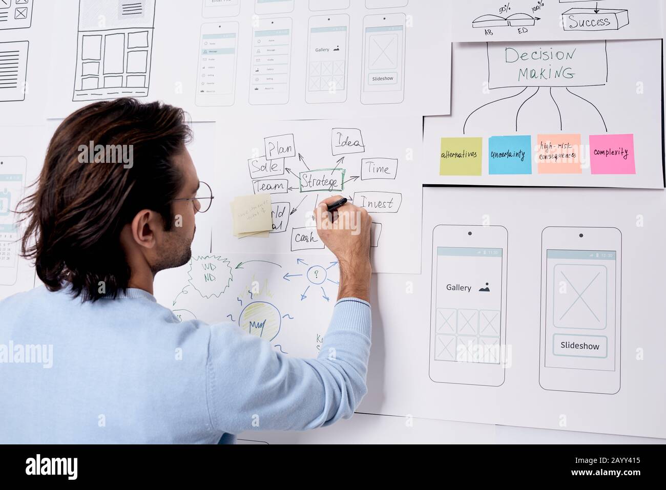 Horizontal shot of young Caucasian man doing planning of his work on ...