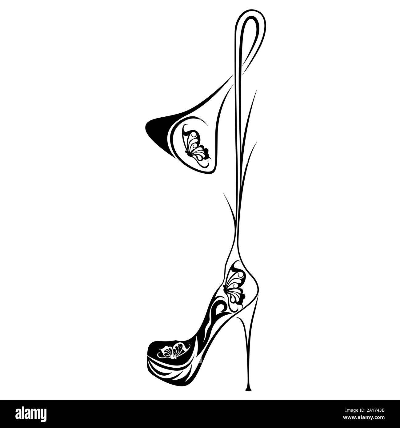 Black outline of decorative table lamp with butterflies in women's high ...
