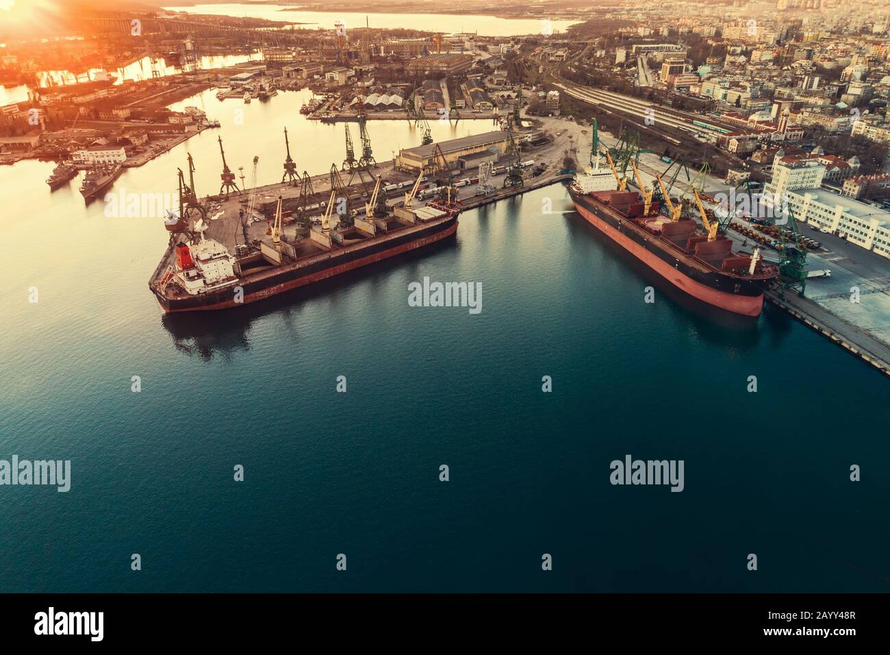 Aerial view of sea port and industrial harbor zone in Varna, Bulgaria ...