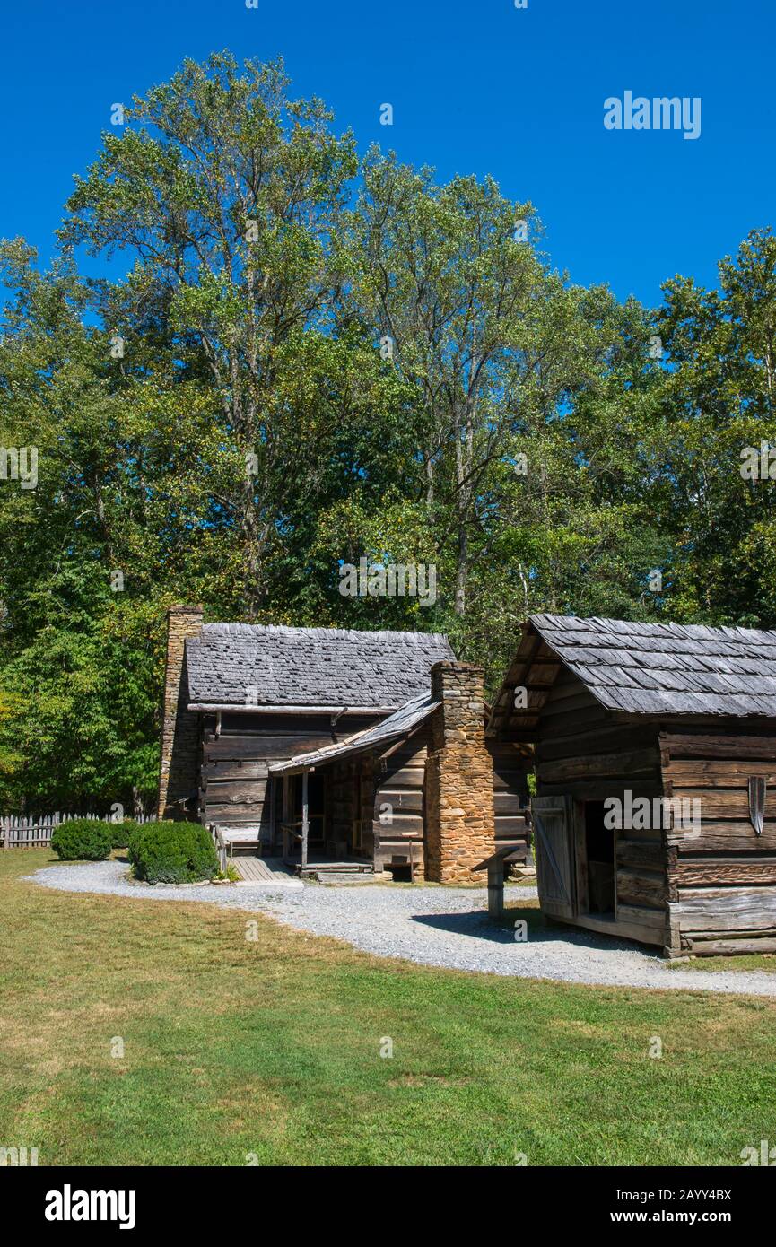 View of the log farmhouse at the Mountain Farm Museum, which has a ...