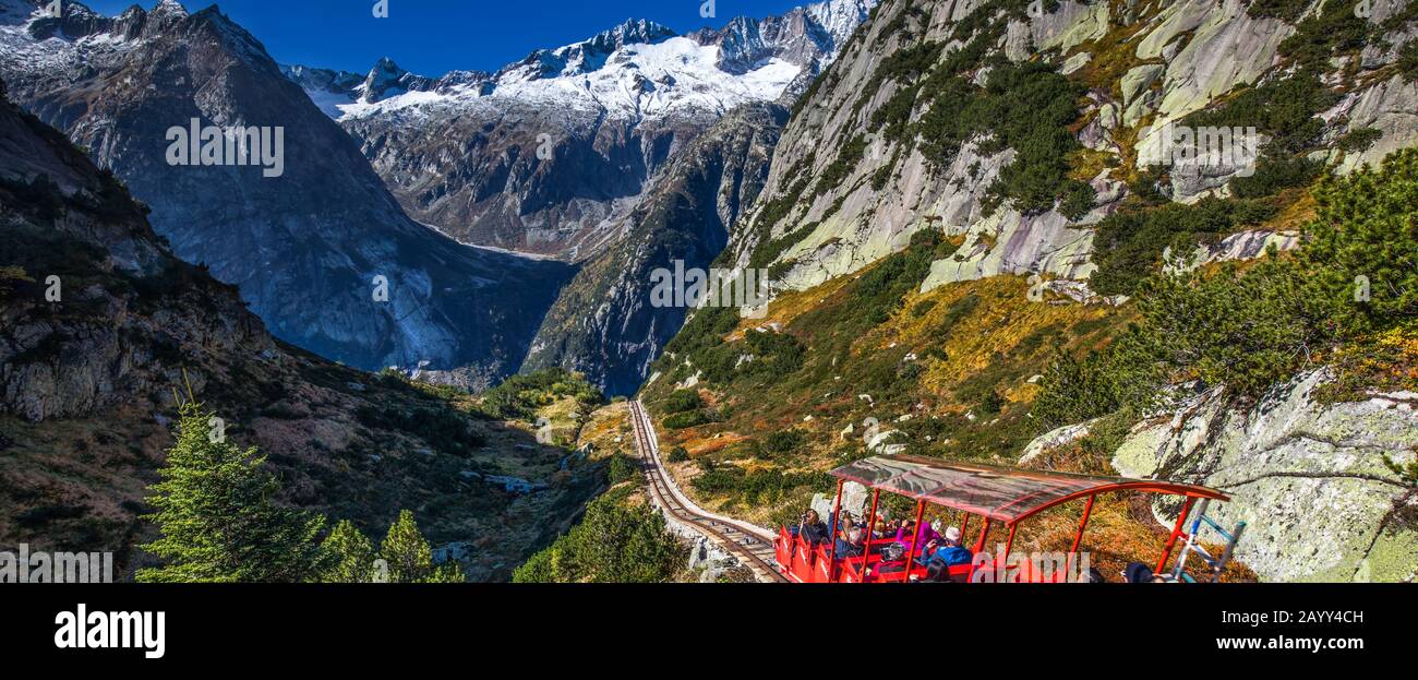 HANDEGG, SWITZERLAND - October 2019 - Gelmerbahn near by the Grimsel pass in Swiss Alps ...