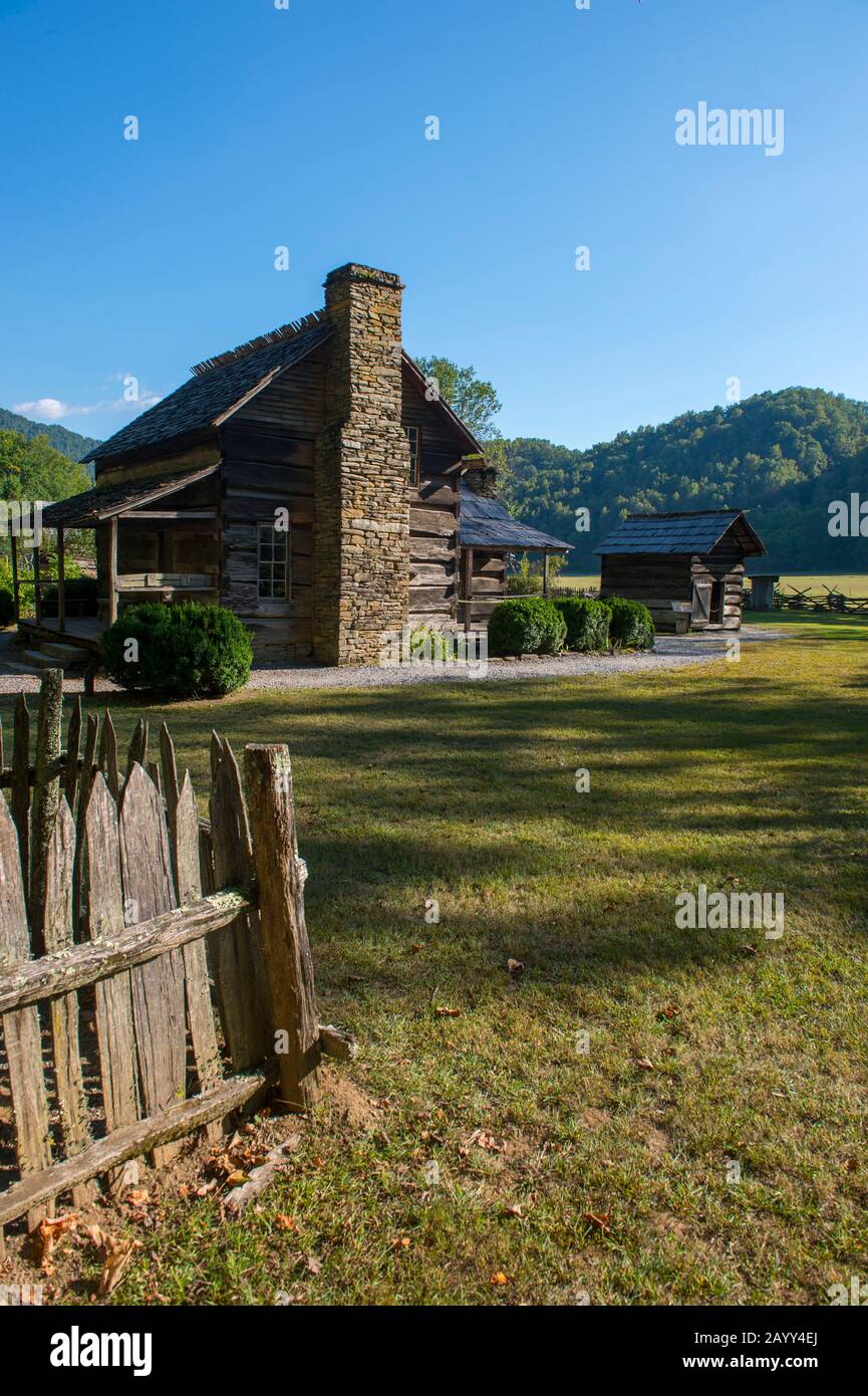 View of the log farmhouse at the Mountain Farm Museum, which has a ...