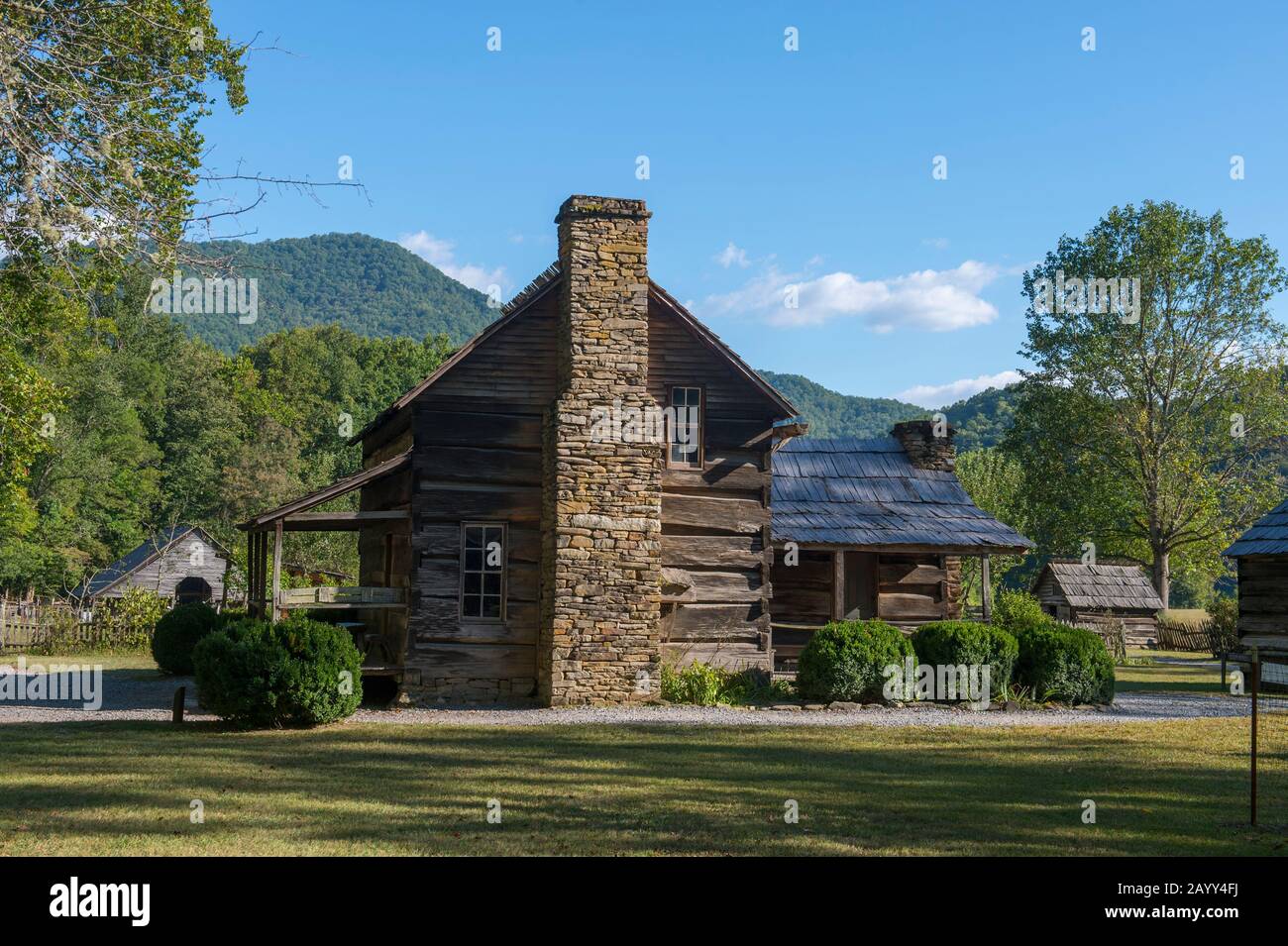 View of the log farmhouse at the Mountain Farm Museum, which has a ...