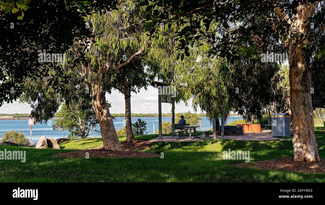 A man sitting alone on a park bench by the river under shady trees ...