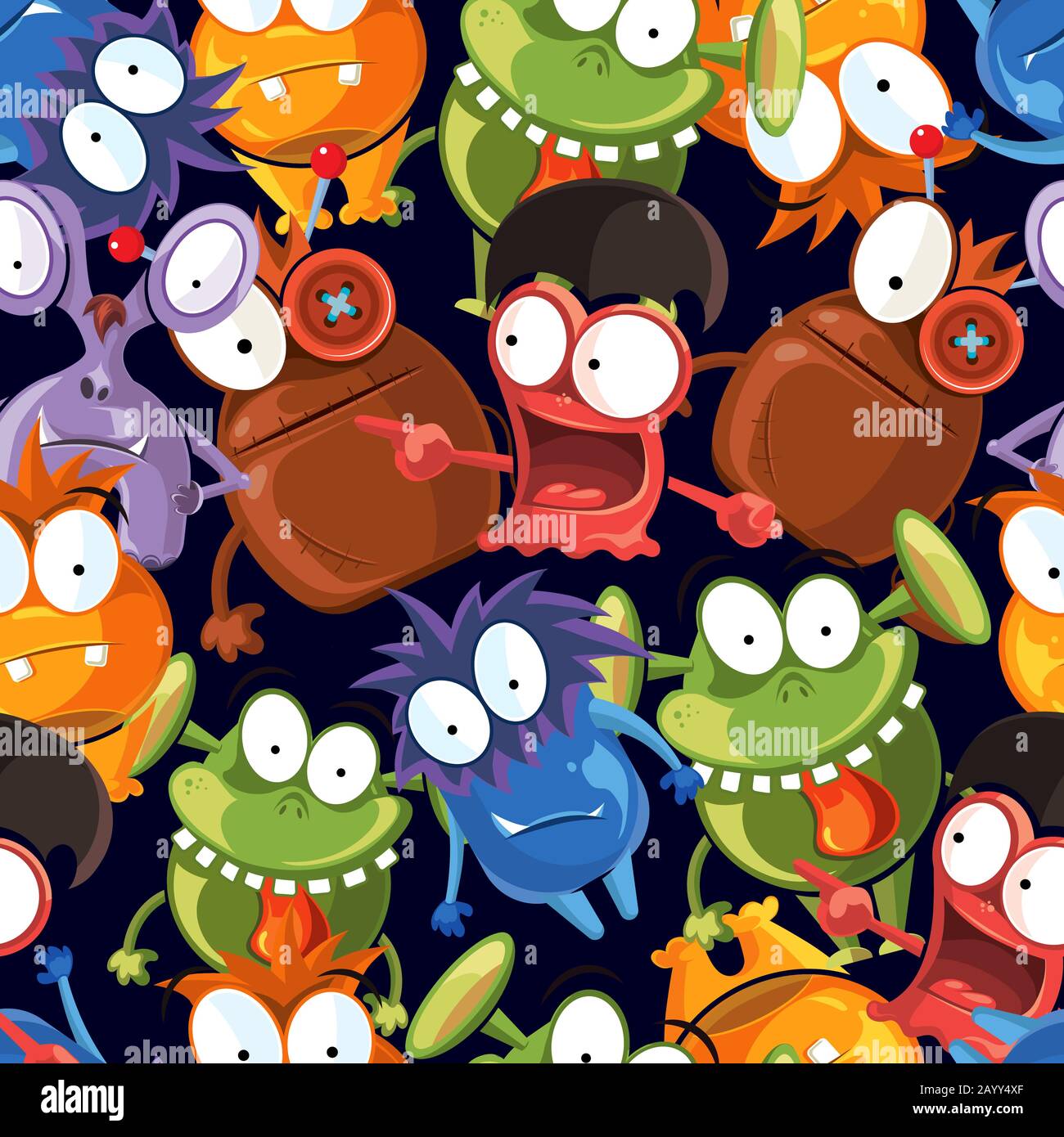 Seamless monsters vector pattern on black background. Colorful monsters ...