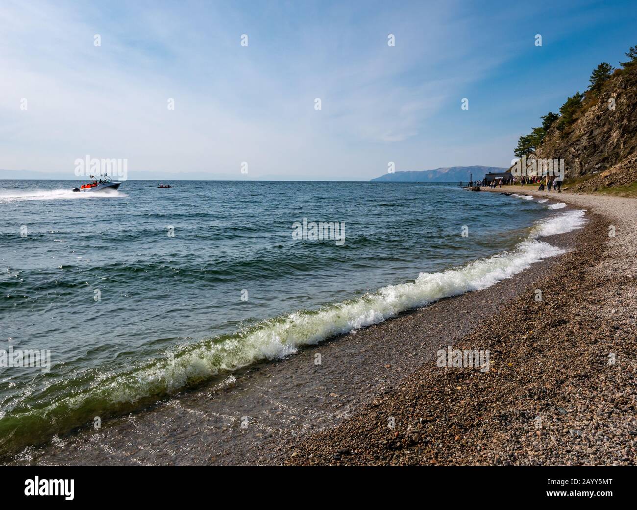 Speedboat passing by Kamennyy Beach, Lake Baikal, Irkutsk Region ...
