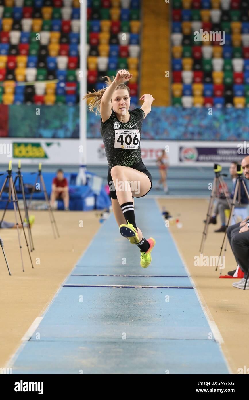 ISTANBUL, TURKEY - FEBRUARY 01, 2020: Undefined athlete triple jumping ...