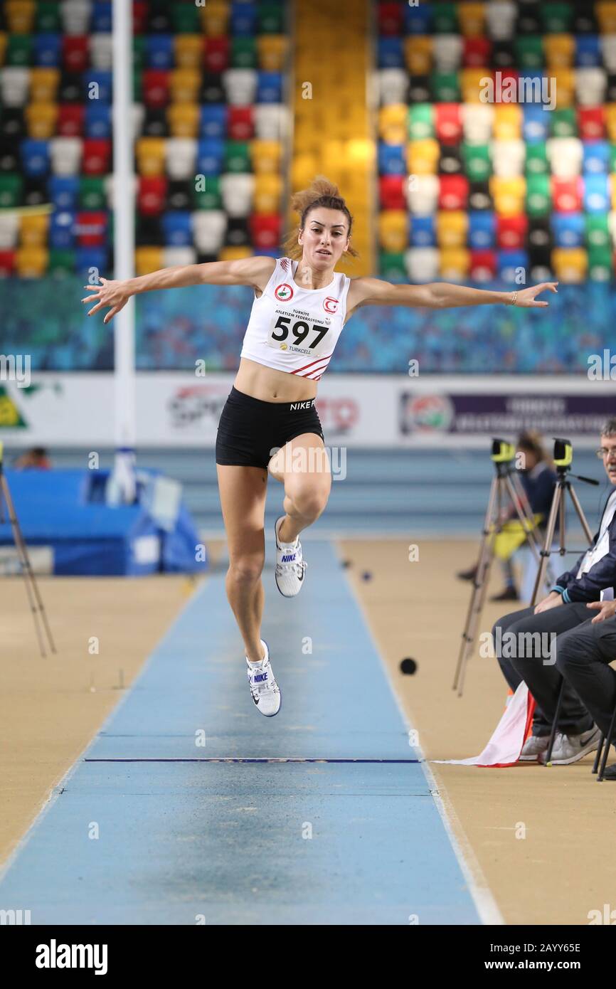 ISTANBUL, TURKEY - FEBRUARY 01, 2020: Undefined athlete triple jumping ...