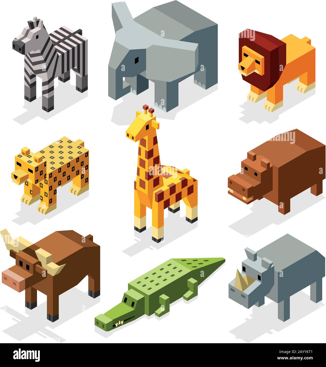 Cartoon 3D isometric african animals. Vector characters set. Animal ...