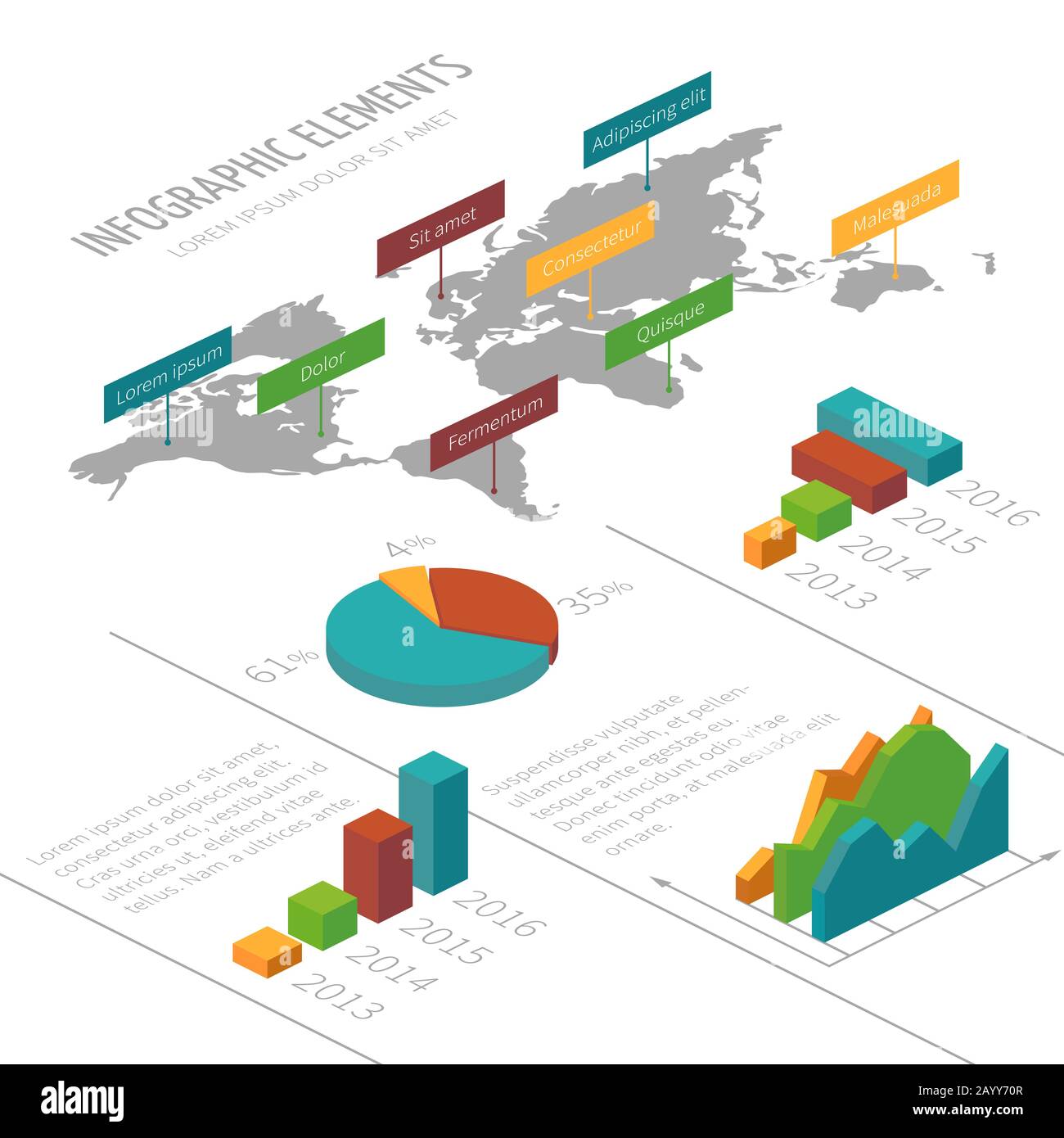 Vector infographic template with 3D isometric elements, world map and ...