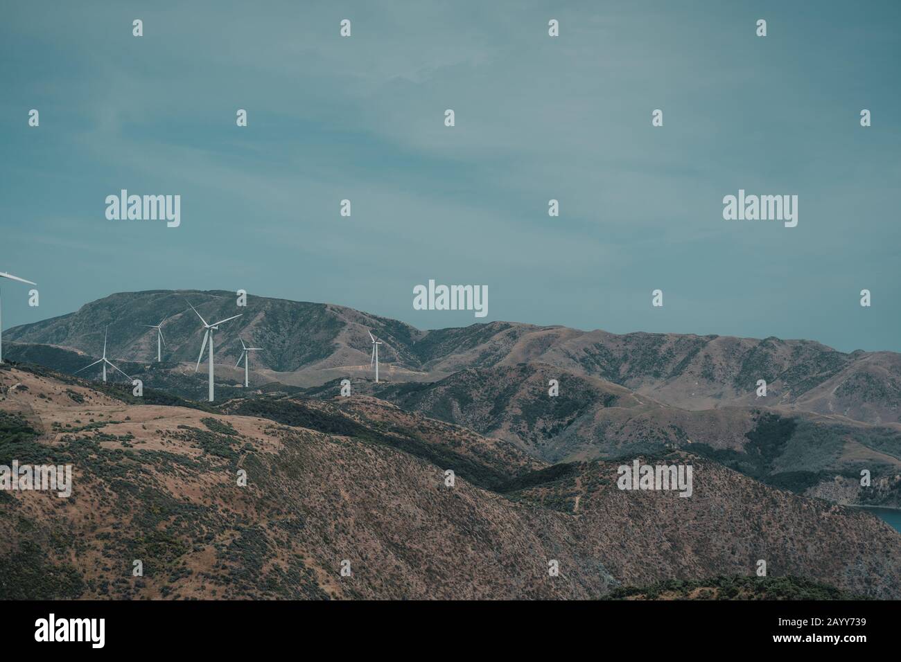 Landscape With Wind Turbine farm in Wellington, New Zealand Stock Photo ...