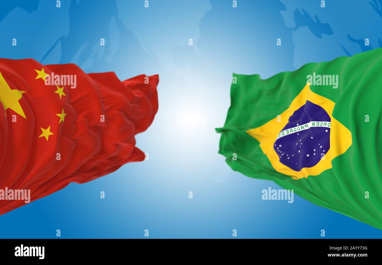 Chinese and Brazilian flags are paired together and standing side by ...