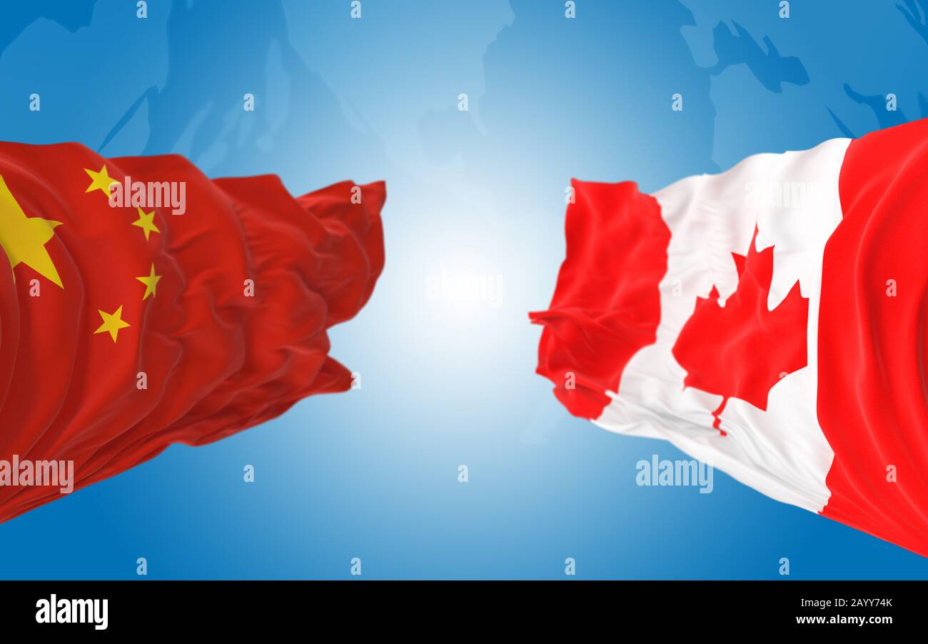 Chinese and Canadian flags are paired together and standing side by ...