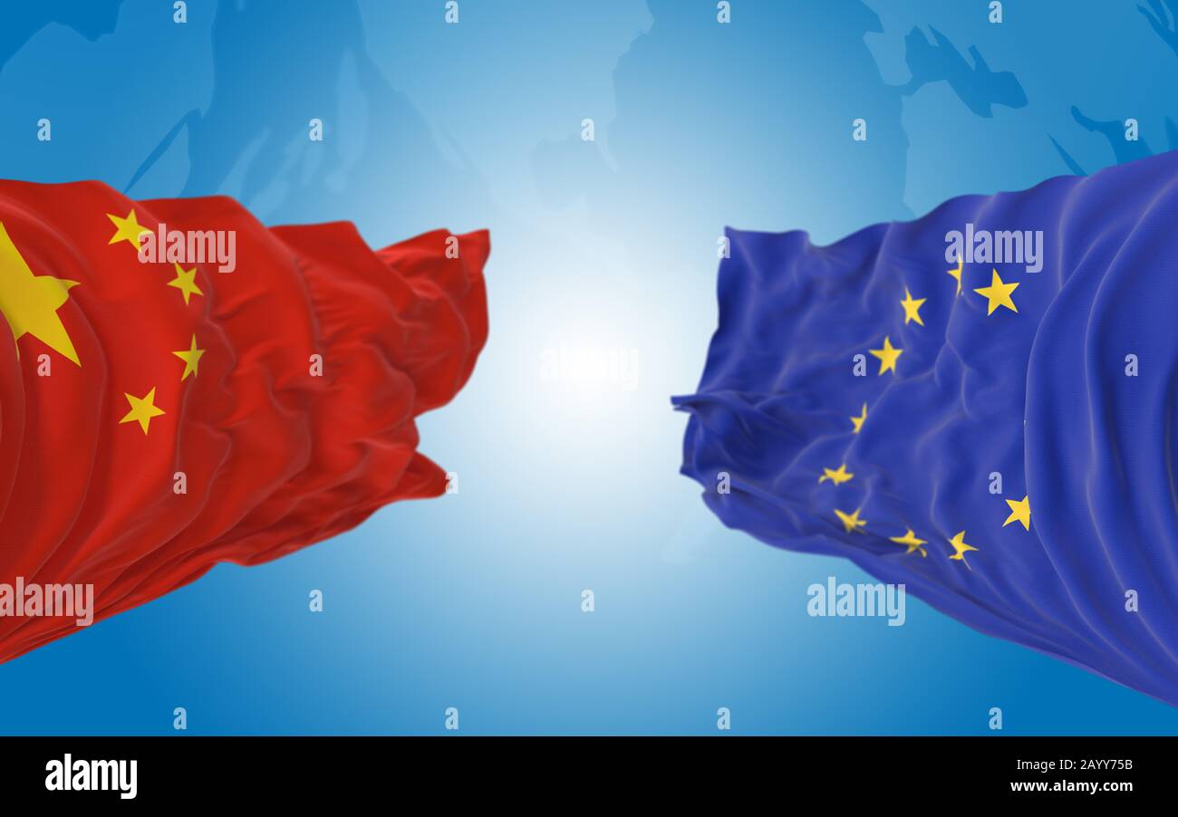 Chinese and European Union flags are paired together and standing side ...