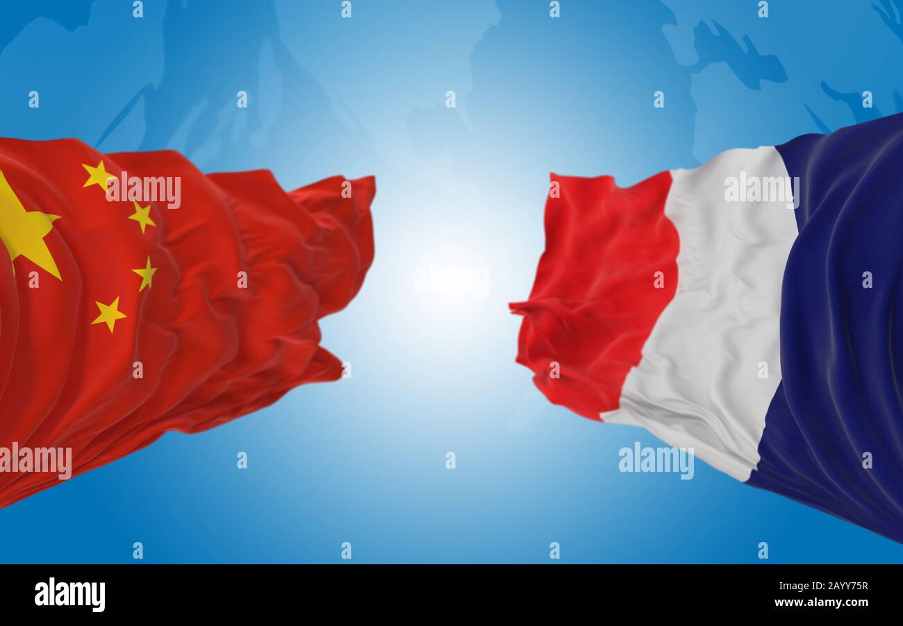Chinese and French flags are paired together and standing side by side ...
